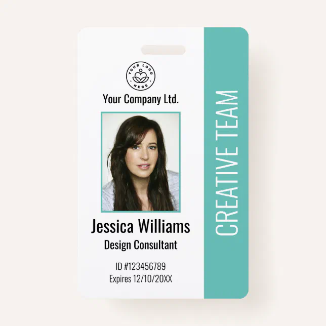 Modern Company Logo Photo Teal Employee ID Badge | Zazzle