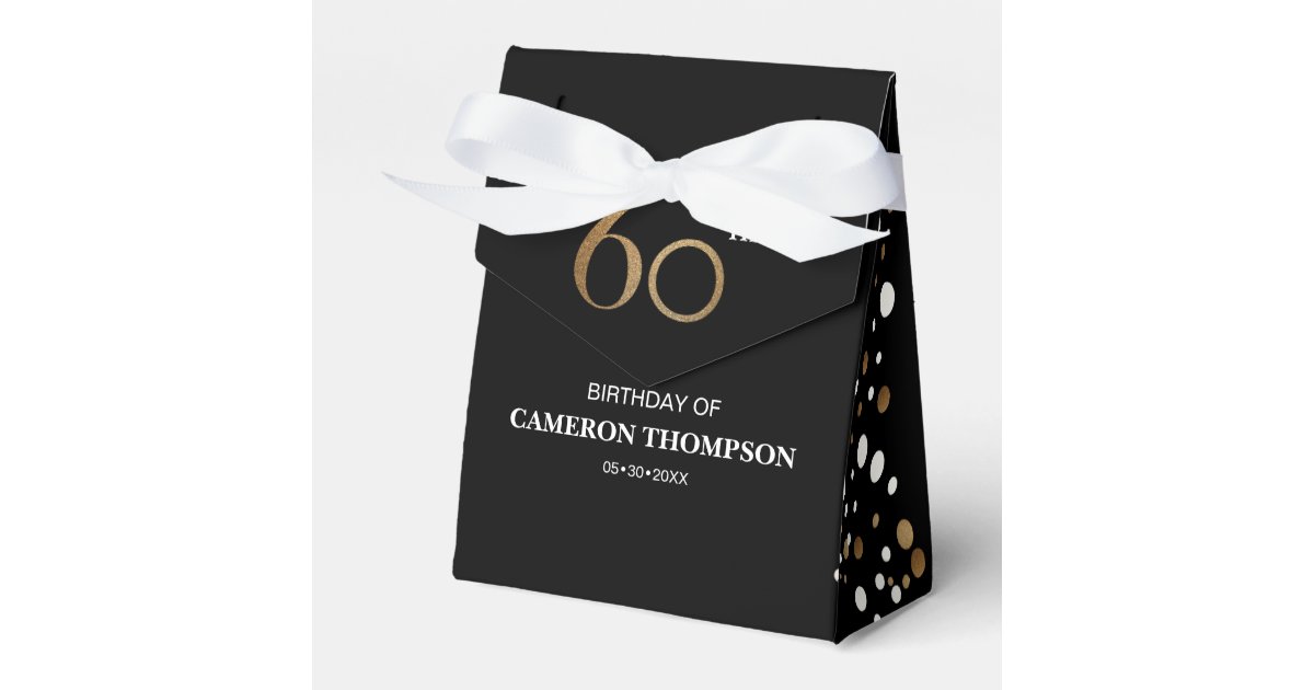 Modern confetti 60th birthday Gold Black Favor Boxes | Zazzle