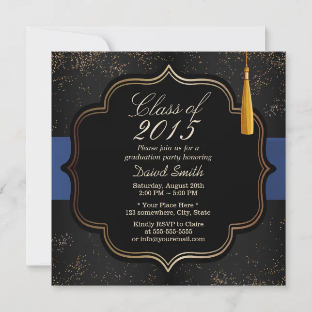 Modern Confetti Blue Ribbon Dark Graduation Party Invitation | Zazzle