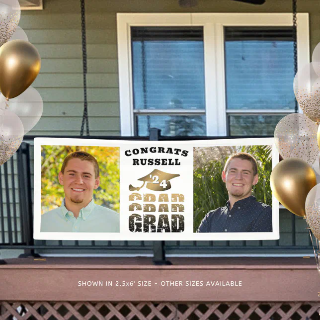 Modern Congrats Grad Name 2 Photos Black Gold Banner | Zazzle