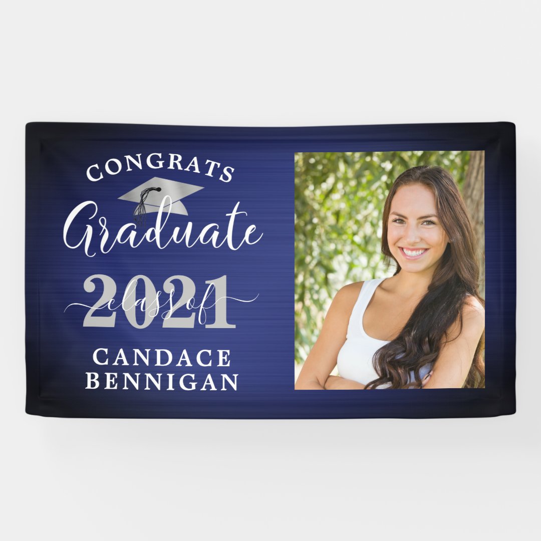 Modern Congrats Grad Photo Navy Blue Silver Banner | Zazzle