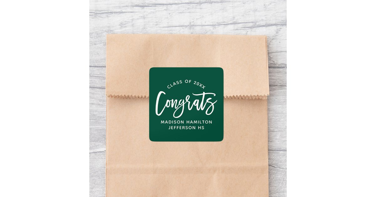 Modern Congrats Script Green Graduation Square Sticker | Zazzle