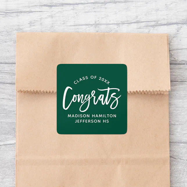 Modern Congrats Script Green Graduation Square Sticker | Zazzle
