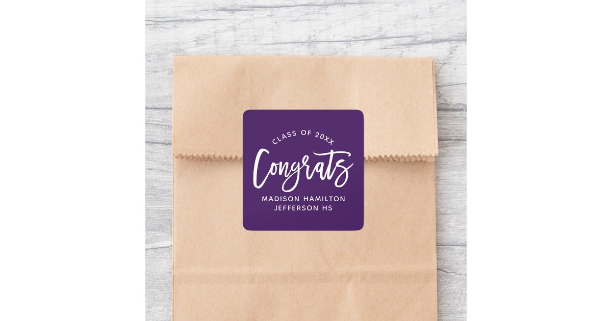 Modern Congrats Script Purple Graduation Square Sticker | Zazzle
