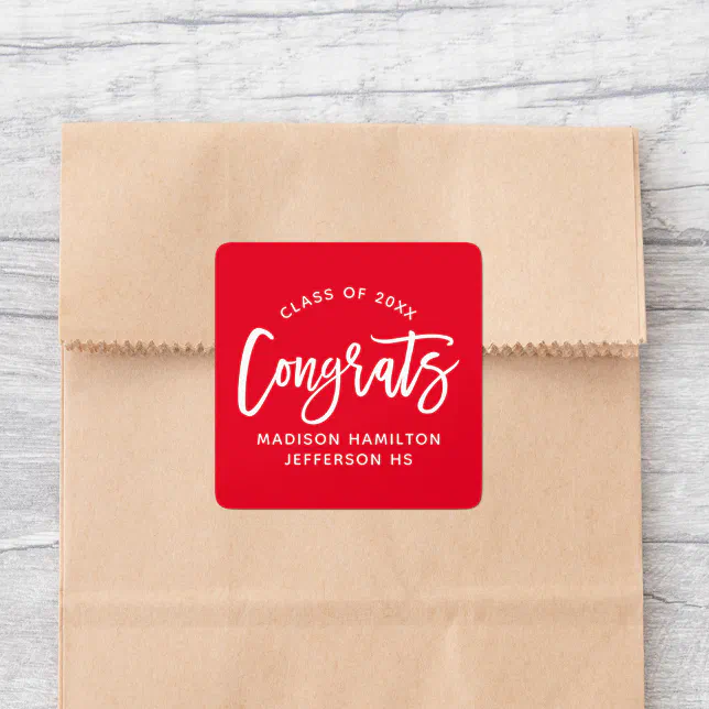 Modern Congrats Script Red Graduation Square Sticker | Zazzle
