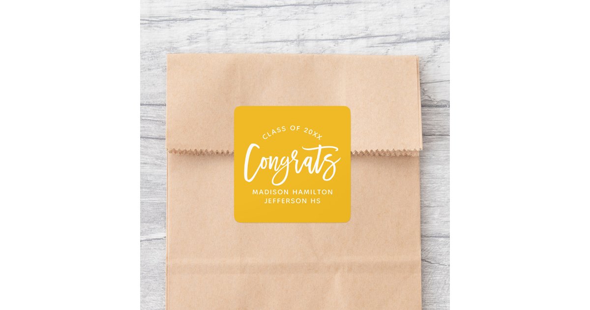 Modern Congrats Script Yellow Graduation Square Sticker | Zazzle