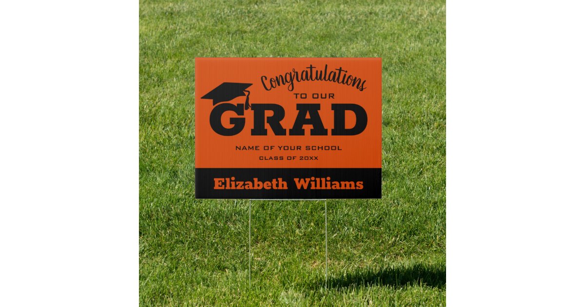 Modern Congratulations Grad Black on Orange Yard Sign | Zazzle
