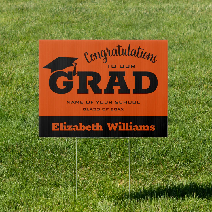 Modern Congratulations Grad Black on Orange Yard Sign | Zazzle