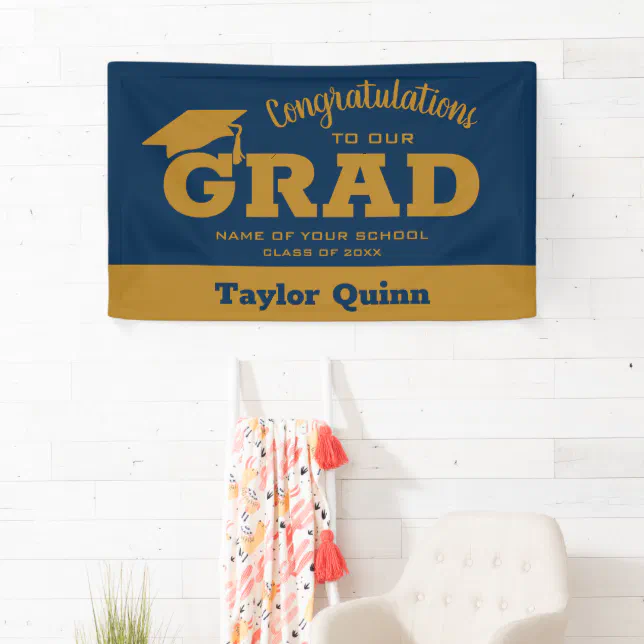 Modern Congratulations Grad Navy Blue and Gold Banner | Zazzle