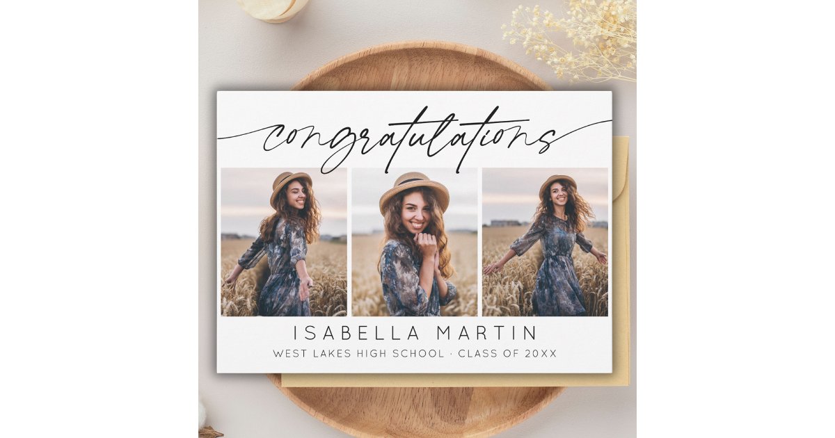 Modern Congratulations Graduation 3 Photo Script Card | Zazzle