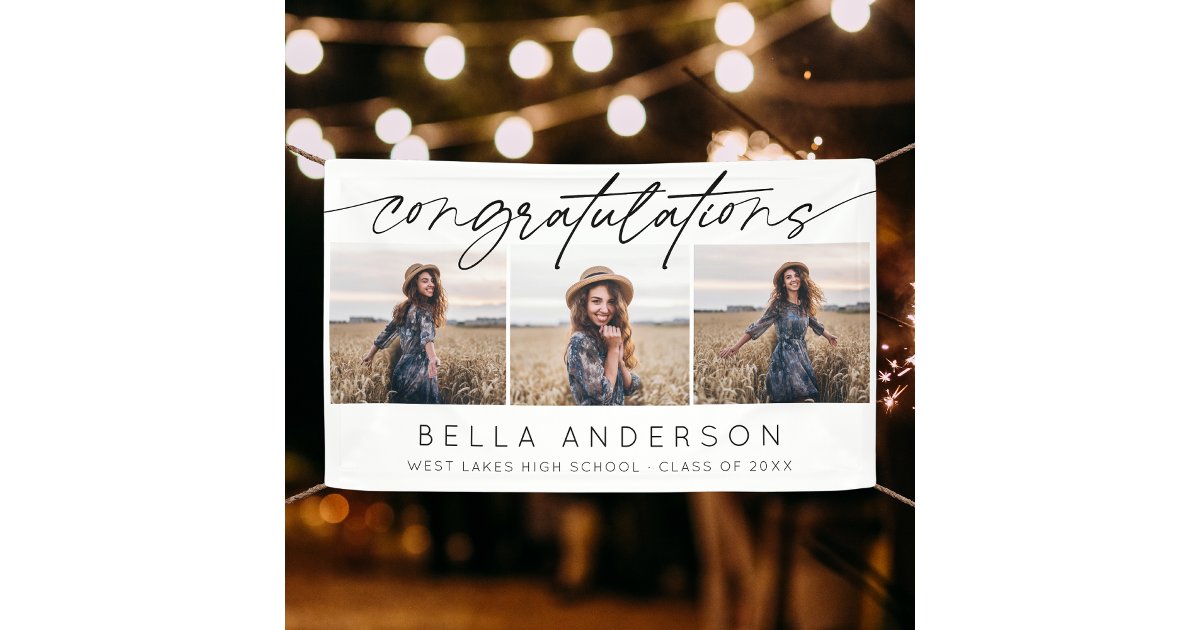 Modern Congratulations Graduation Script 3 Photo Banner | Zazzle