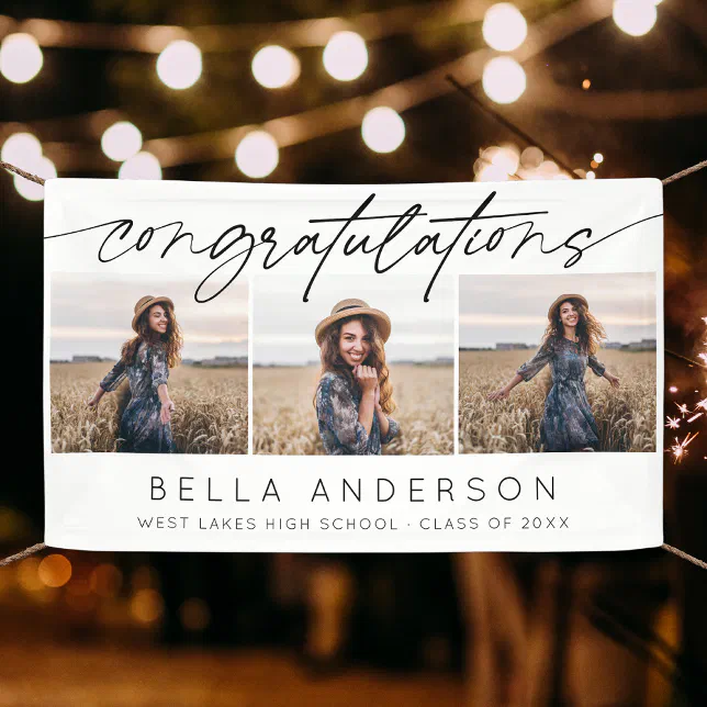 Modern Congratulations Graduation Script 3 Photo Banner | Zazzle