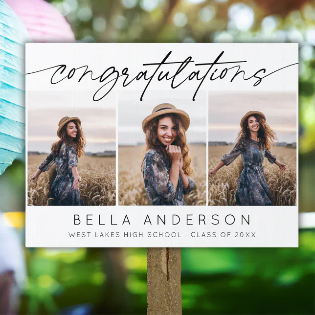 Modern Congratulations Graduation Script 3 Photo Sign | Zazzle