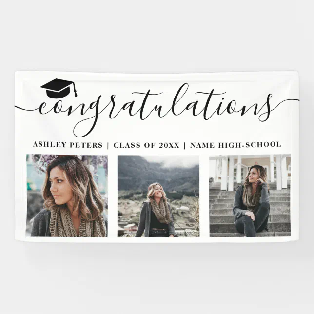 Modern congratulations script 3 photos black white banner | Zazzle