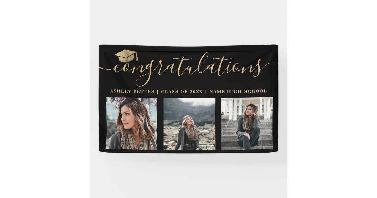 Modern congratulations script 3 photos gold black banner | Zazzle