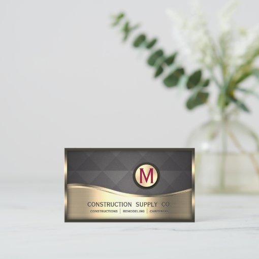 Modern Construction Monogram LOGO Black Gold Metal Business Card | Zazzle