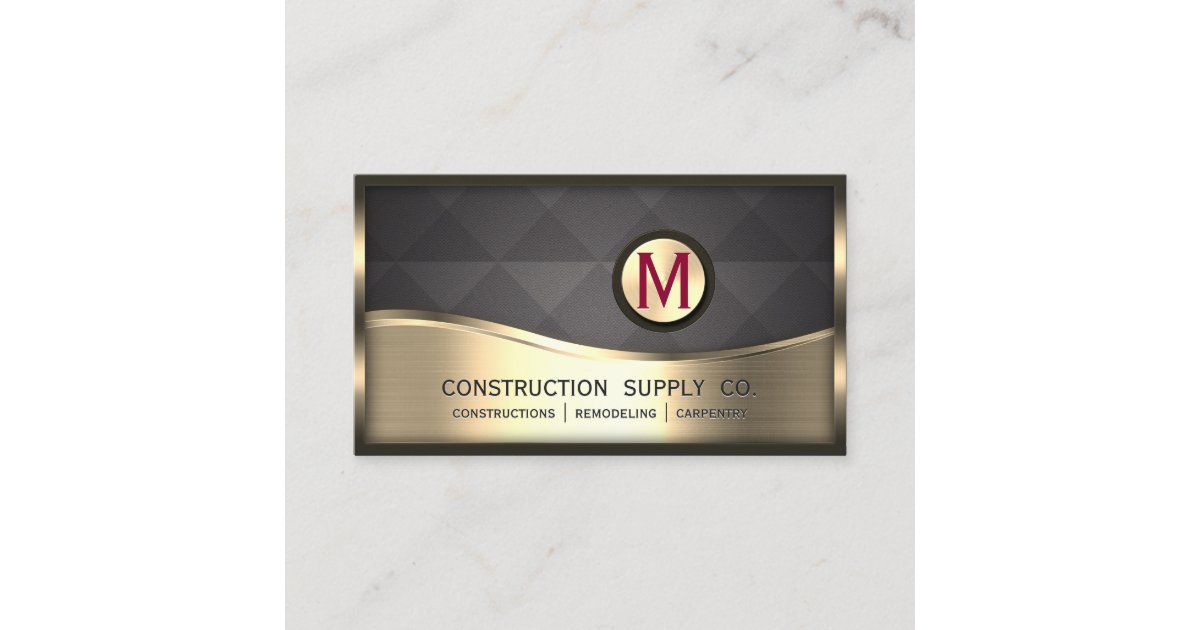Modern Construction Monogram LOGO Black Gold Metal Business Card | Zazzle