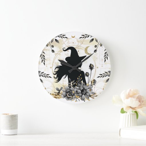 Modern contemporary Halloween witch 3 Large Clock | Zazzle