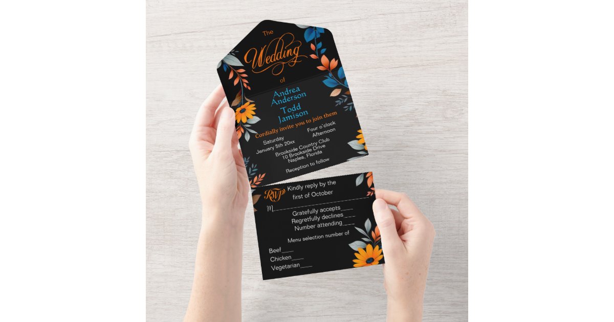 Modern contrasting colors against black wedding all in one invitation ...