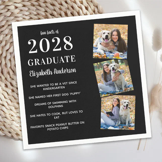 Modern Cool Graduate Fun Facts 3 Photo Graduation Napkins | Zazzle