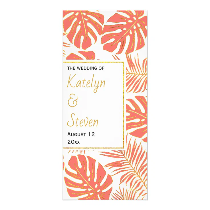 Modern coral tropical leaves wedding program | Zazzle
