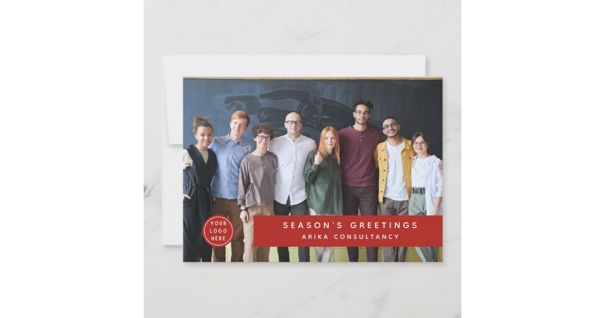 Modern Corporate Christmas Logo Team Photo Red Holiday Card | Zazzle