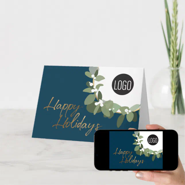 Modern Corporate Logo Happy Holidays Blue Holiday Card | Zazzle