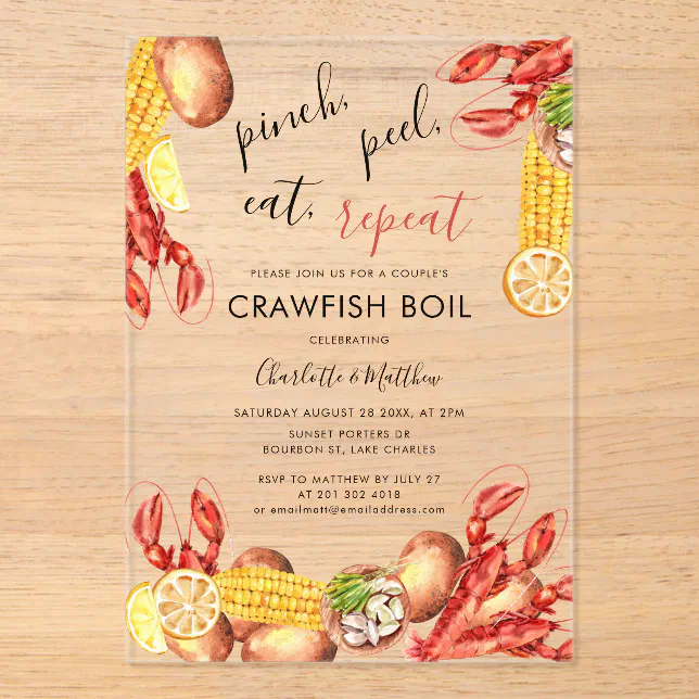 Modern Couple Engagement Crawfish Boil Acrylic Invitations | Zazzle