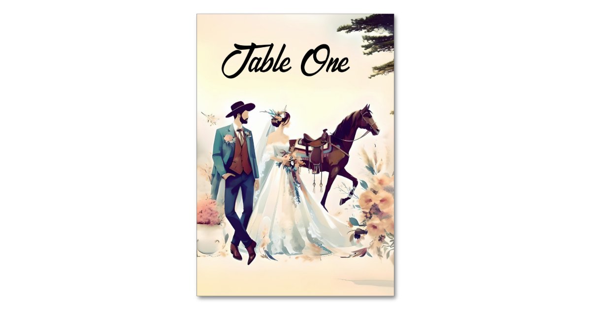 Modern Cowboy and Bride Western Style Wedding Table Number | Zazzle