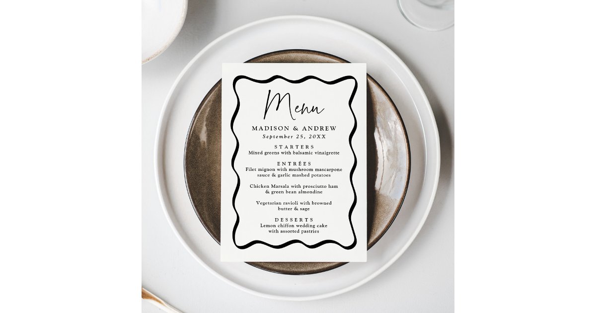 Modern Cream and Black Wavy Frame Wedding Menu | Zazzle