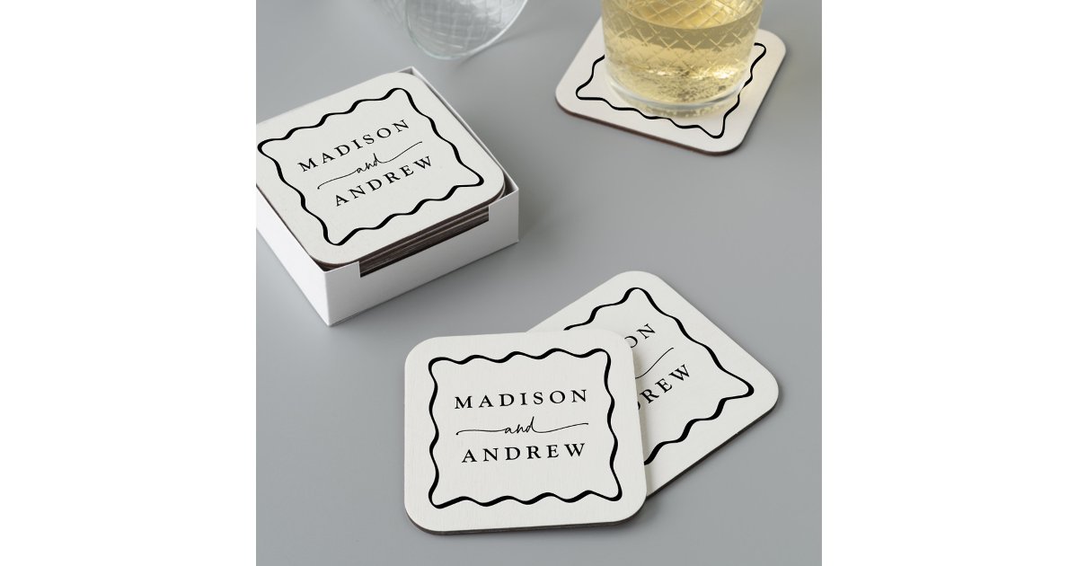 Modern Cream and Black Wavy Frame Wedding Square Paper Coaster | Zazzle