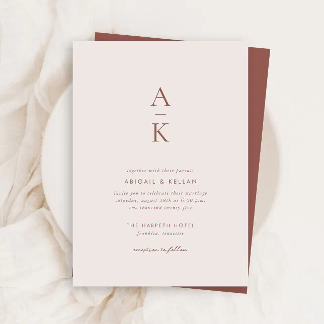 Modern Cream Brown Monogram Earth Tone Wedding Invitation | Zazzle
