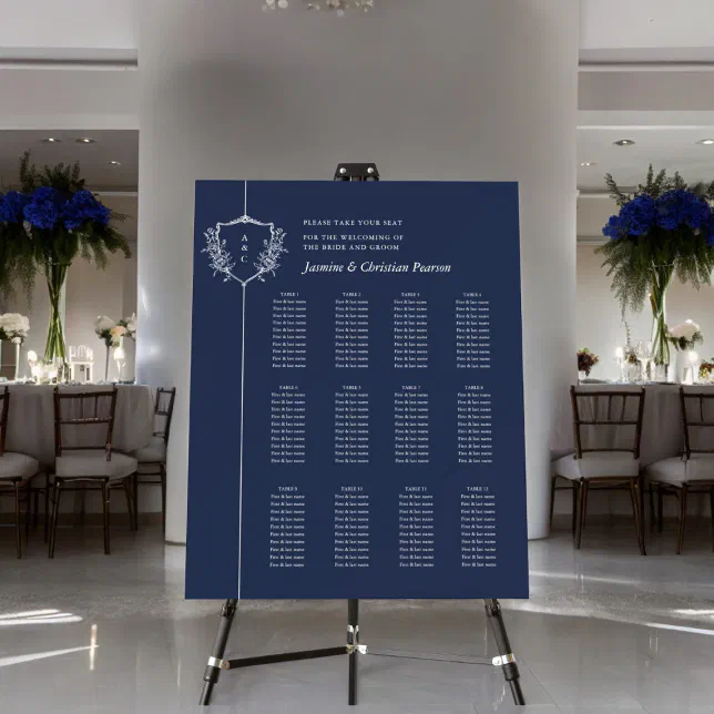 Modern crest script twelve table seating chart foam board | Zazzle