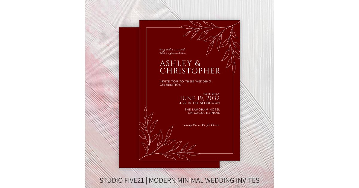 Modern Crimson Red Foliage Outline Wedding Invitation | Zazzle