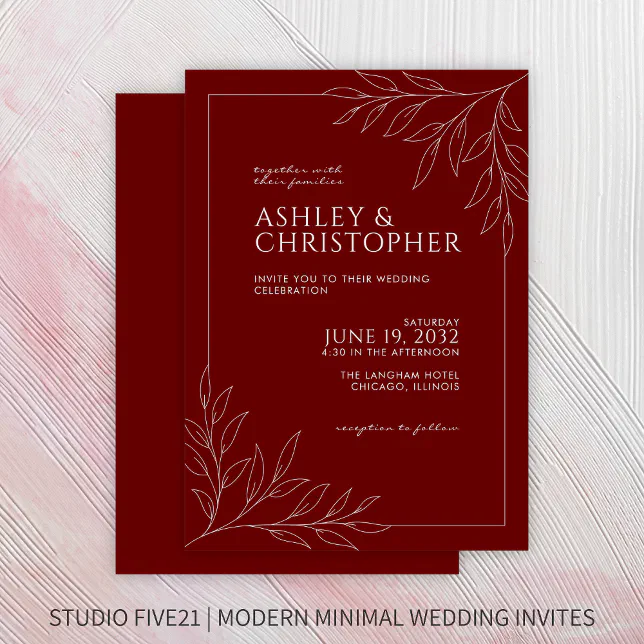 Modern Crimson Red Foliage Outline Wedding Invitation | Zazzle