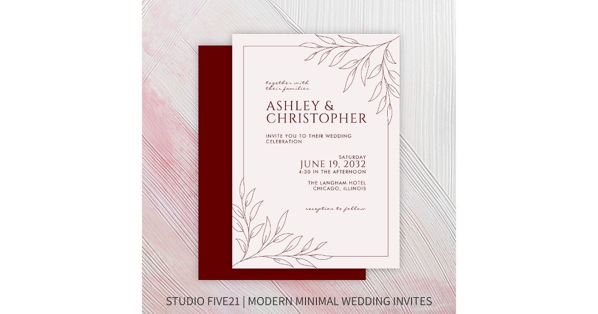 Modern Crimson Red Foliage Outline Wedding Invitation | Zazzle