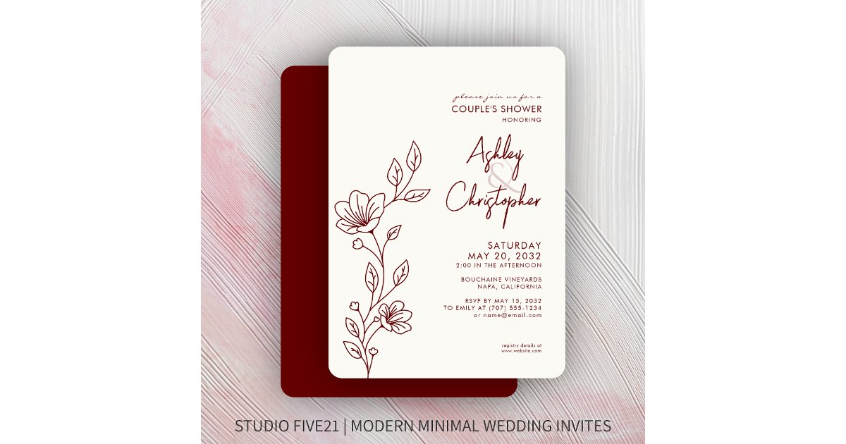 Modern Crimson Red Foliage Outline Wedding Shower Invitation | Zazzle