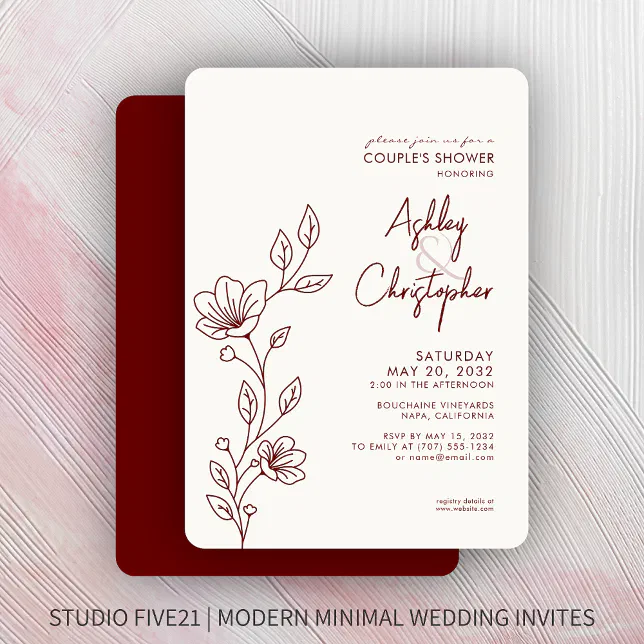 Modern Crimson Red Foliage Outline Wedding Shower Invitation | Zazzle