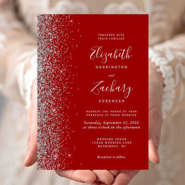 Modern Crimson Red Silver Glitter Edge Wedding Invitation | Zazzle