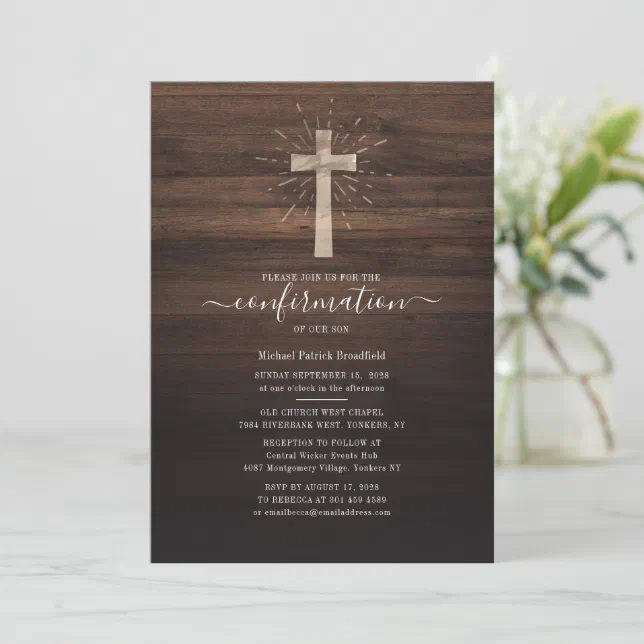 Modern Cross Rustic Wood Religious Confirmation Invitation | Zazzle