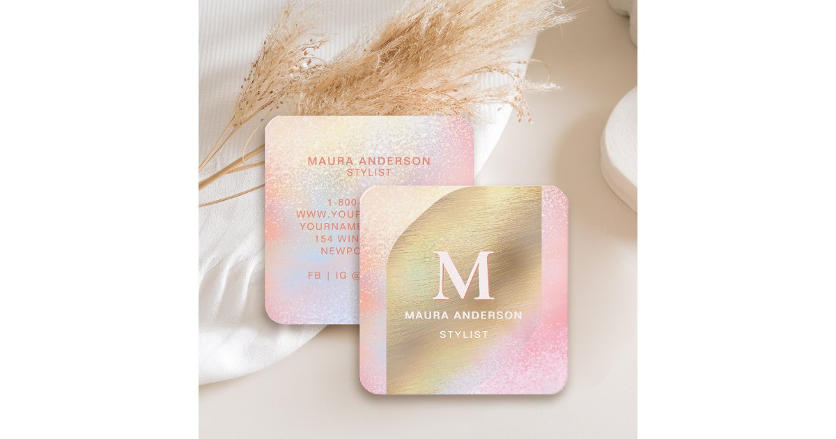 Modern Crushed Faux Gold Pink Monogram Geometric Square Business Card ...