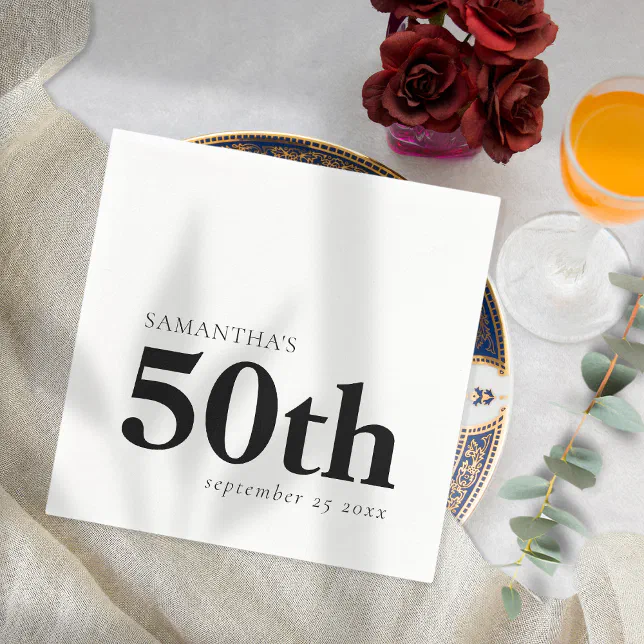 Modern Custom Black Text 50th Name Date Napkins | Zazzle
