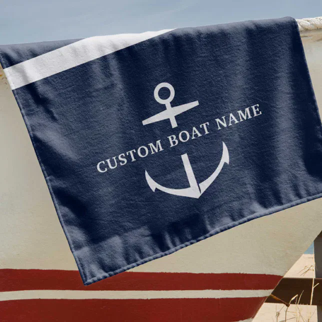 Modern Custom Boat Name Nautical Anchor Beach Towel | Zazzle