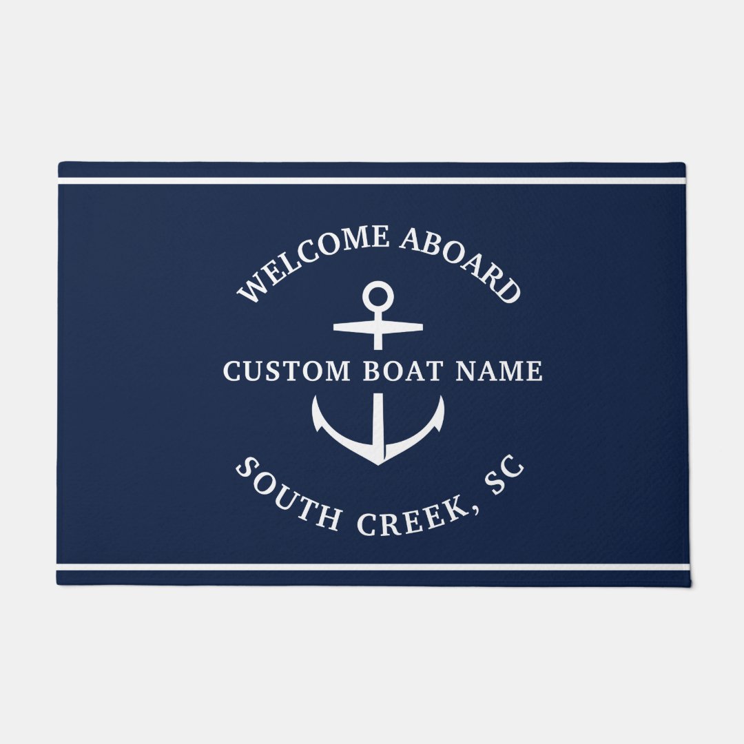 Modern Custom Boat Name Welcome Aboard Anchor Doormat | Zazzle