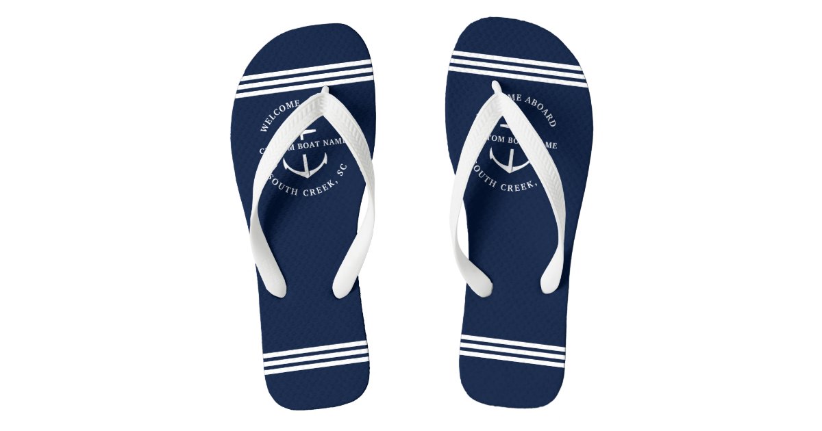 Modern Custom Boat Name Welcome Aboard Nautical Flip Flops | Zazzle