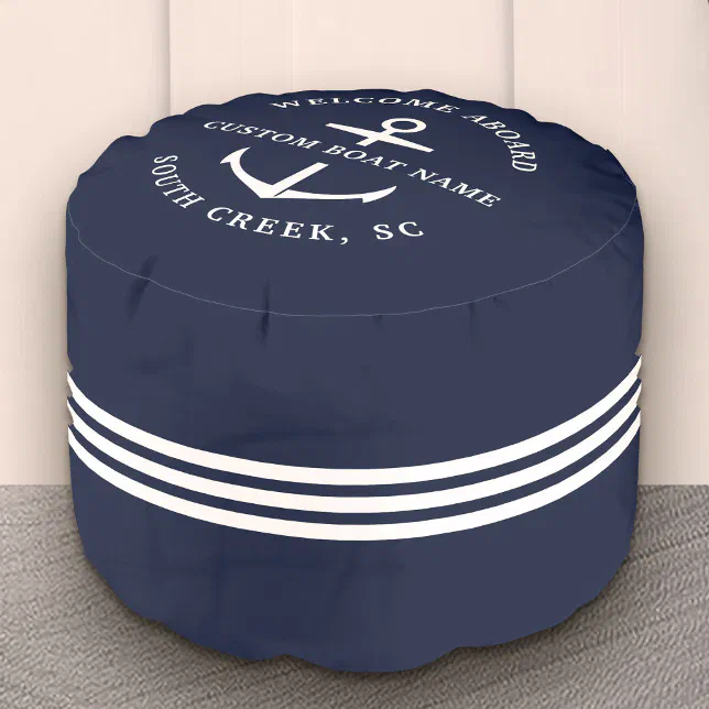 Modern Custom Boat Name Welcome Aboard Nautical Pouf | Zazzle