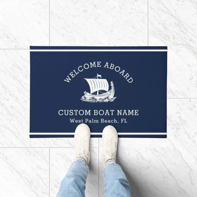 Modern Custom Boat Name Welcome Aboard Ship Logo Doormat | Zazzle
