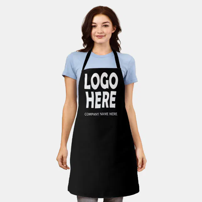 Modern custom business logo on black promotional apron | Zazzle