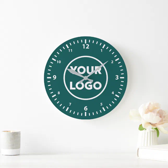 Modern Custom Business Logo on Teal Background Large Clock | Zazzle