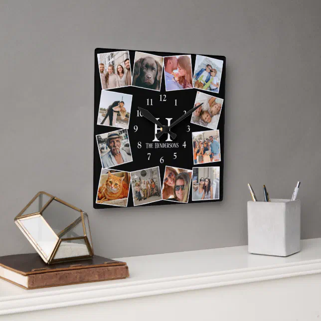 Modern Custom Color Photo Collage| Create Your Own Square Wall Clock ...